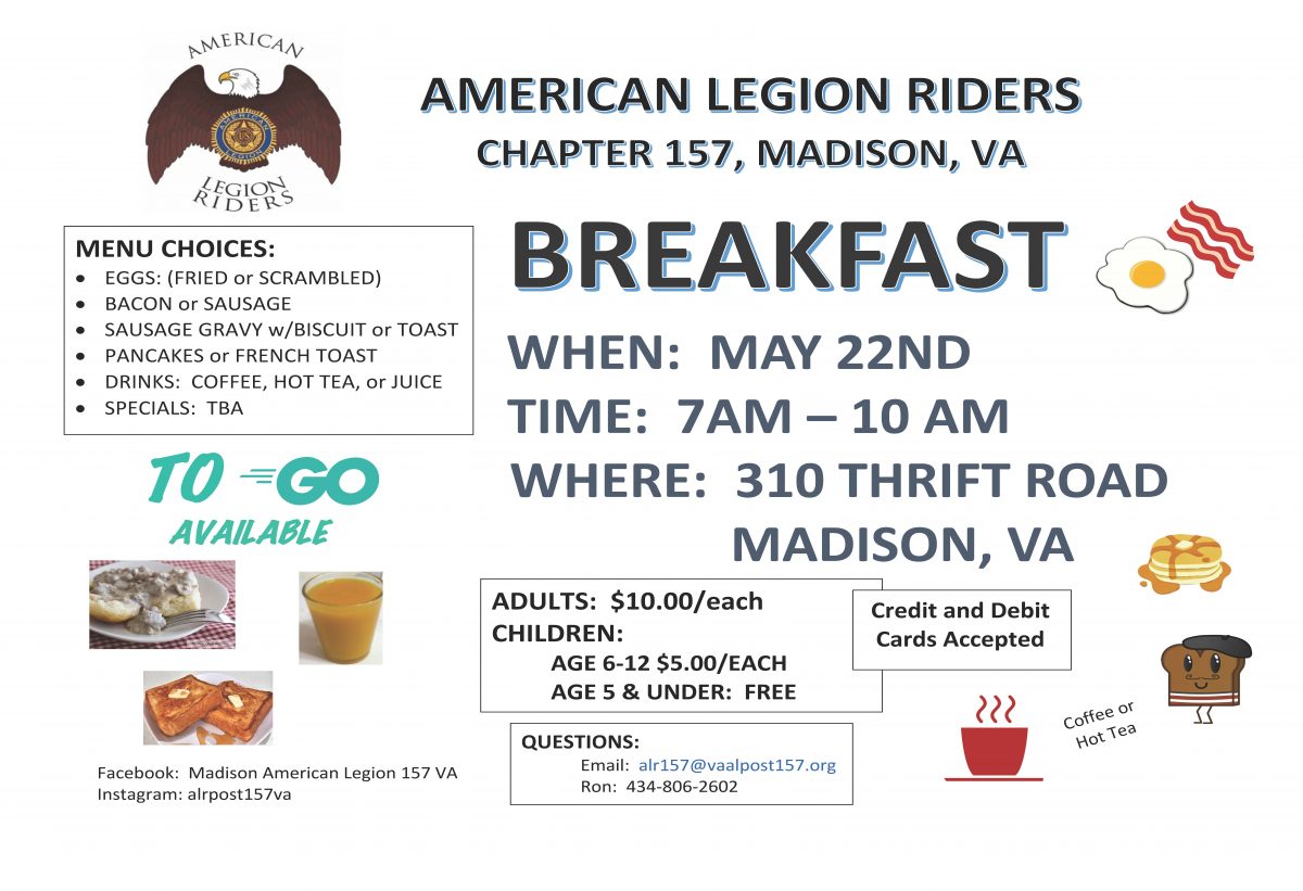 Breakfast is BACK! Starting May 22, 2021 Madison American Legion Riders ...